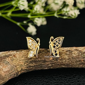 14K Gold Diamond Butterfly Stud: Conch, Helix, Tragus Piercing - Etsy