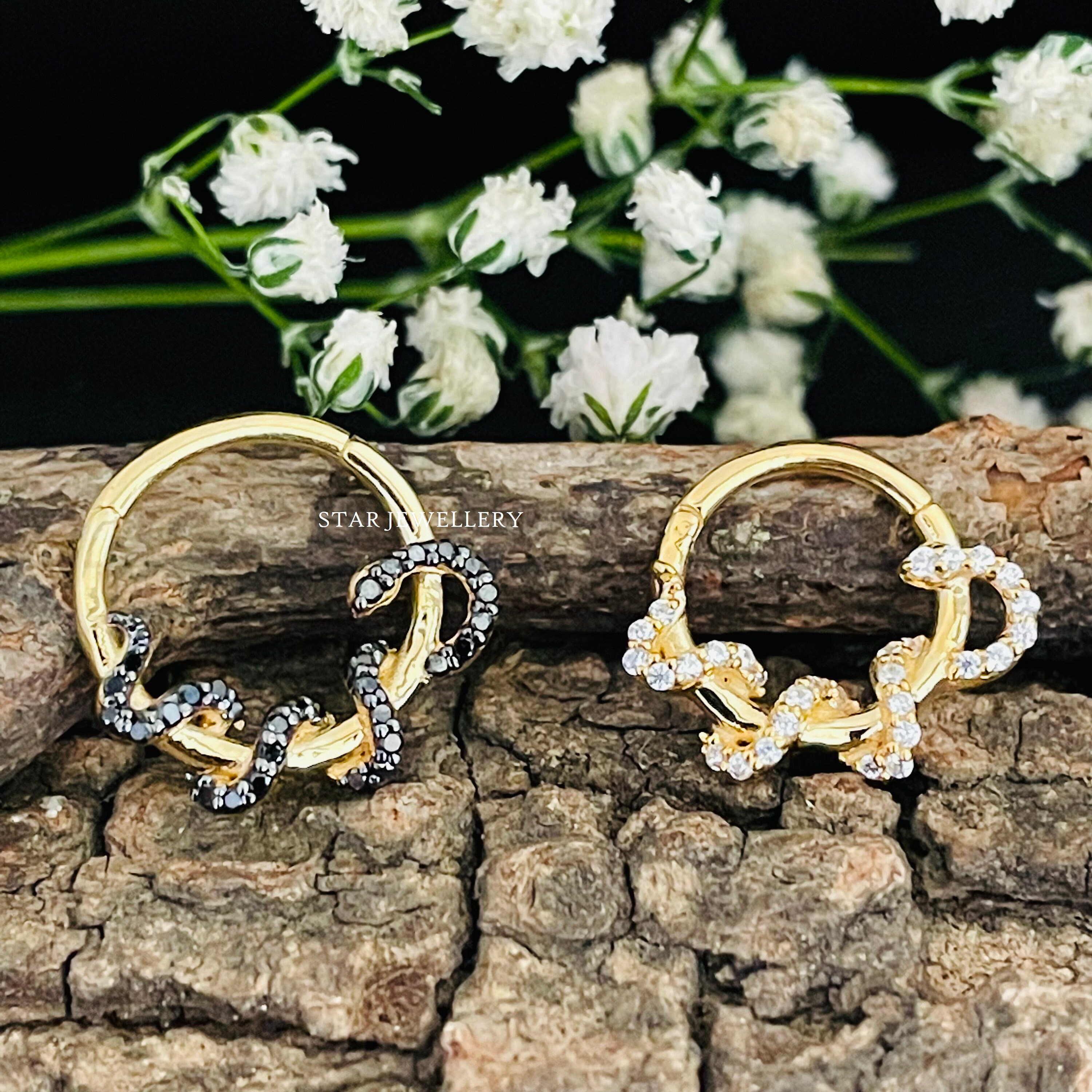 14K Gold Black Diamond Snake Septum Ring: Daith Piercing - Etsy