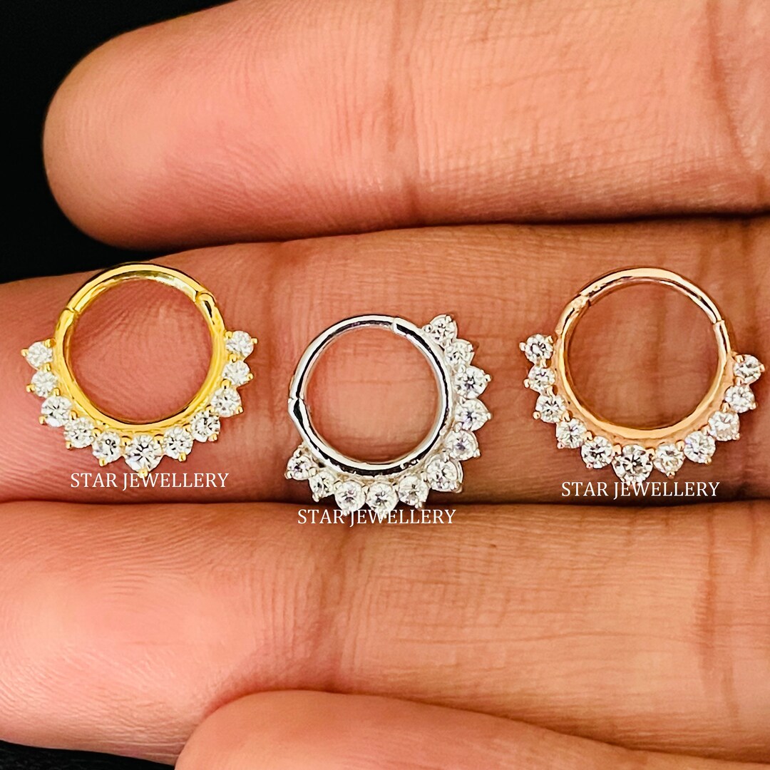14K Gold Diamond Septum Ring: Natural Diamond Daith Clicker - Etsy