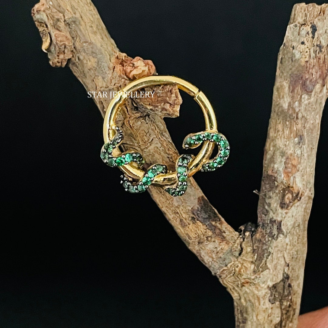 14K Gold Snake Daith Piercing: Green CZ Diamond Septum Clicker - Etsy