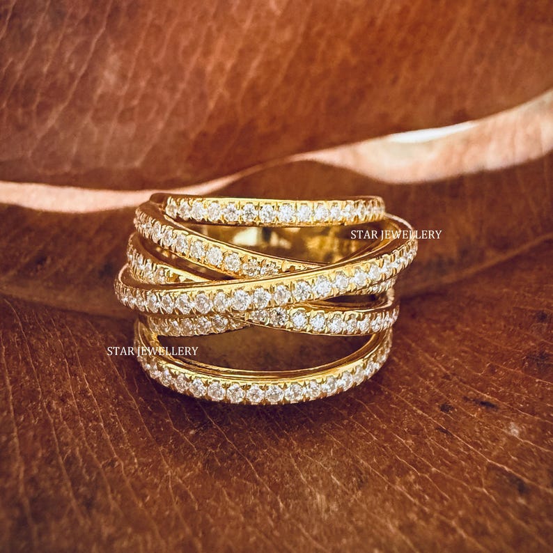 14K Gold Twisted Diamond Ring: Crossover Wedding Band - Etsy