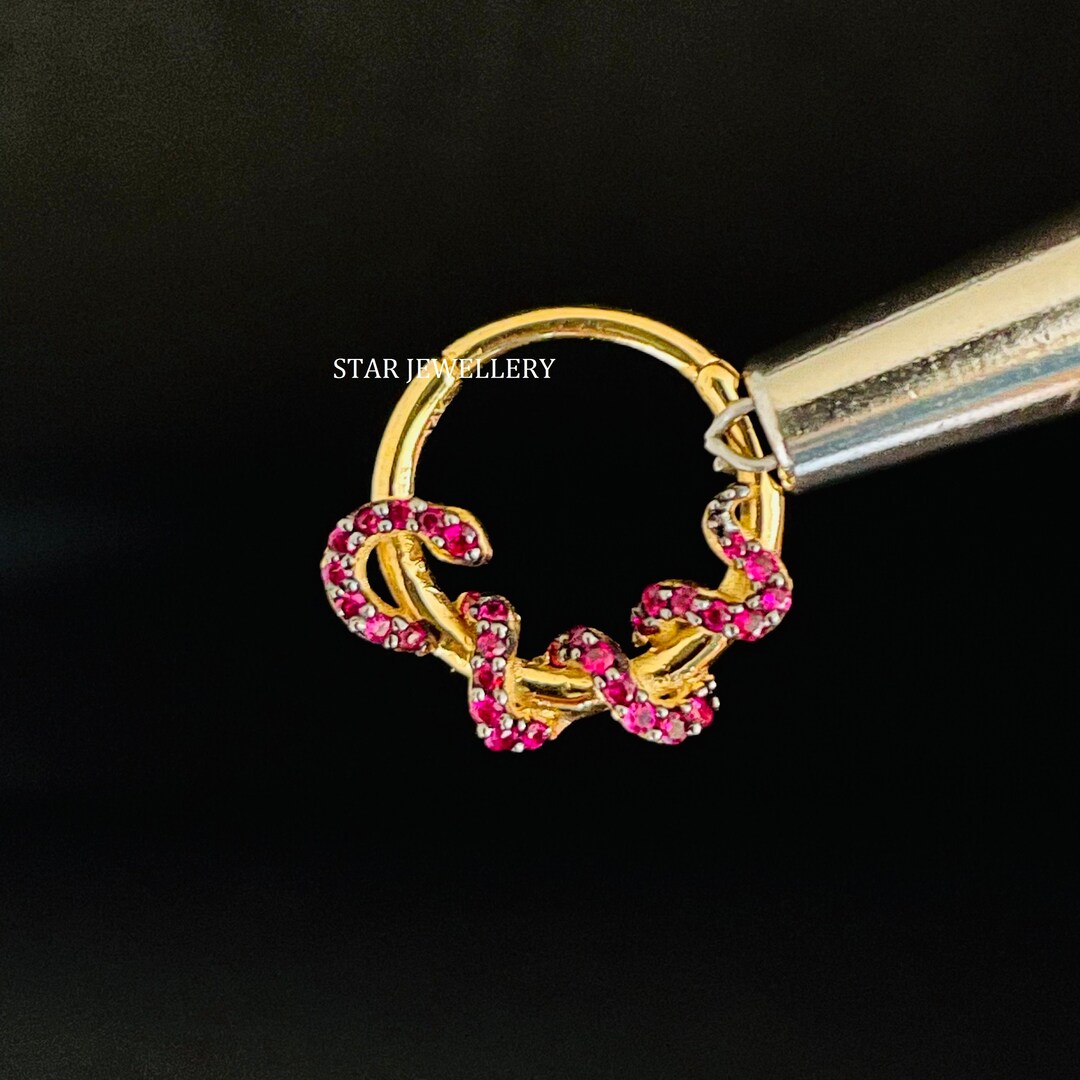 14K Gold Snake Daith Piercing: Red CZ Diamond Septum Clicker - Etsy