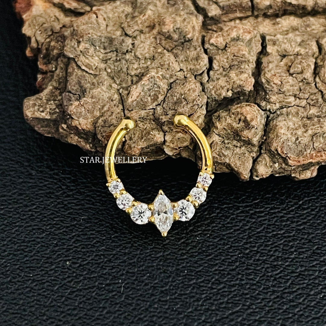 14K Solid Gold Marquise Diamond Fake Daith Piercing, Diamond Fake ...