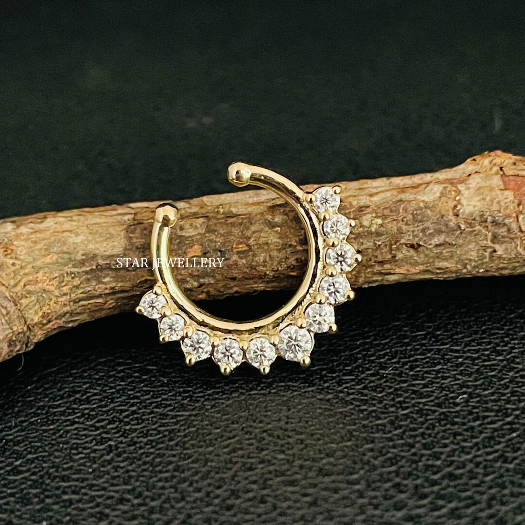 Solid Gold Diamond Fake Septum Piercing, Diamond Clicker Fake Daith ...