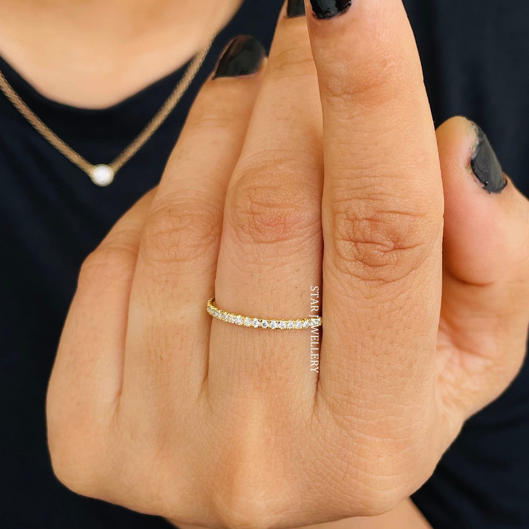 Minimalist Solid Gold Half Eternity Diamond Ring, Natural Diamond Solid Gold Thin Half Eternity ...