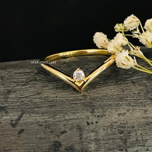 Natural Diamond Mono Stone Deep V Ring, 14k Solid Gold Deep Chevron ...