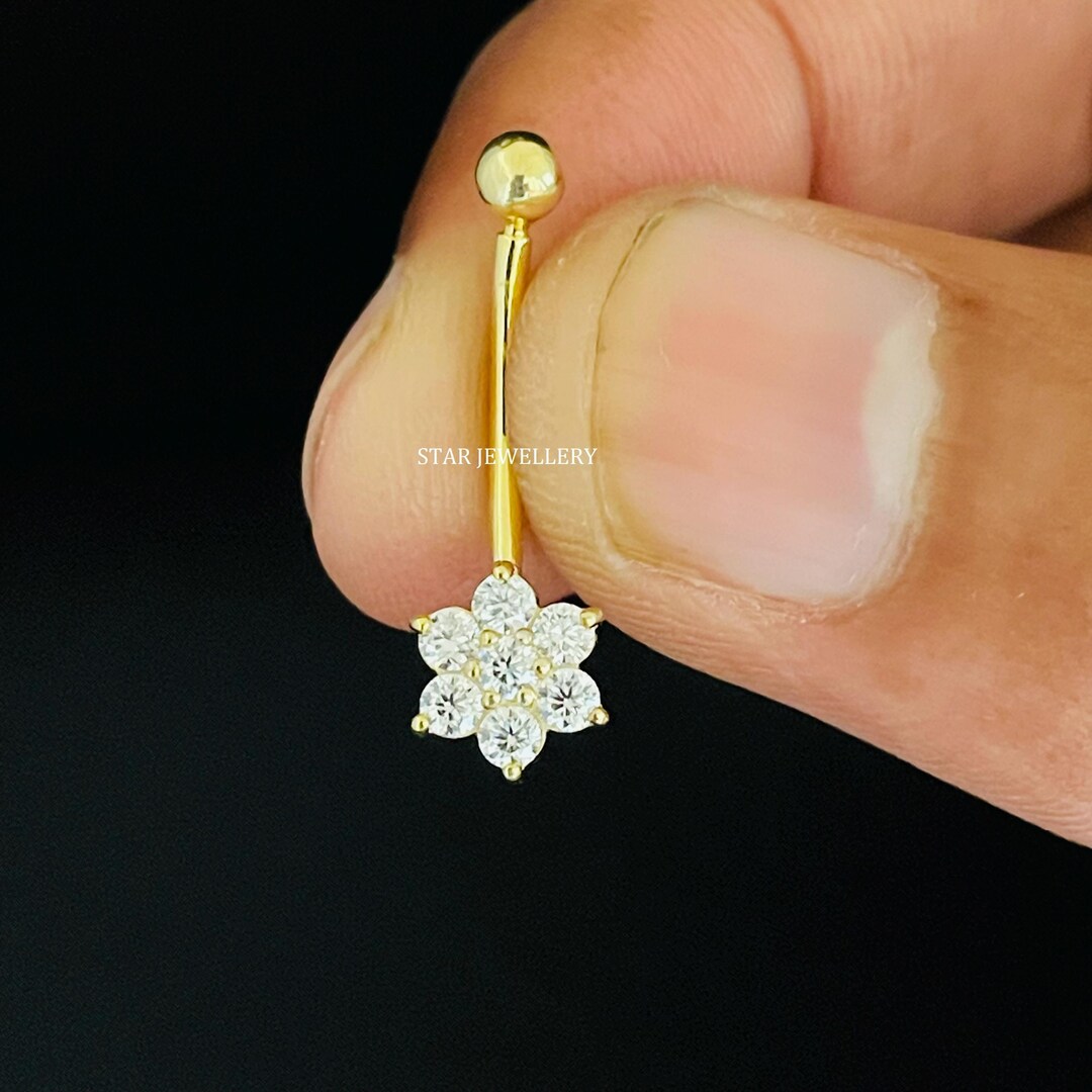Diamond Flower Belly Button Piercing: 0.30ct Gold Floral Navel Bar - Etsy