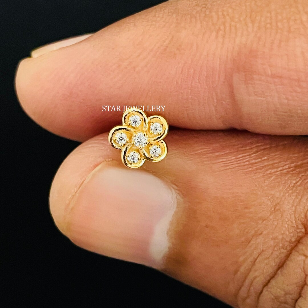 Solid Gold Genuine Diamond Cluster Ear Piercing, Natural Diamond 5 ...