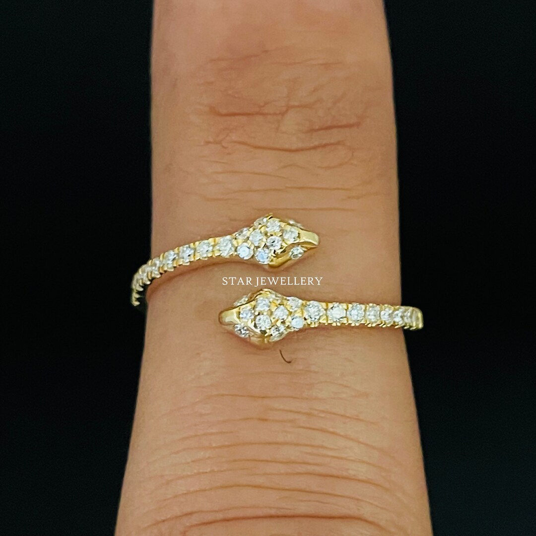 Dual Head Snake Ring, Double Headed Diamond Snake Gold Ring, Dual Snake ...