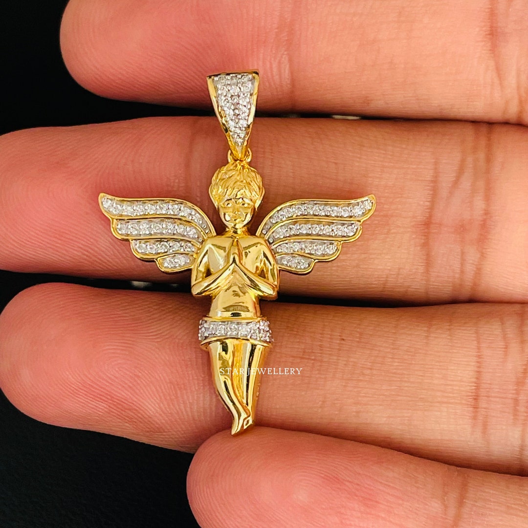 10K Solid Gold Angel Pendant, Natural Diamond Angel Pendant for Her ...