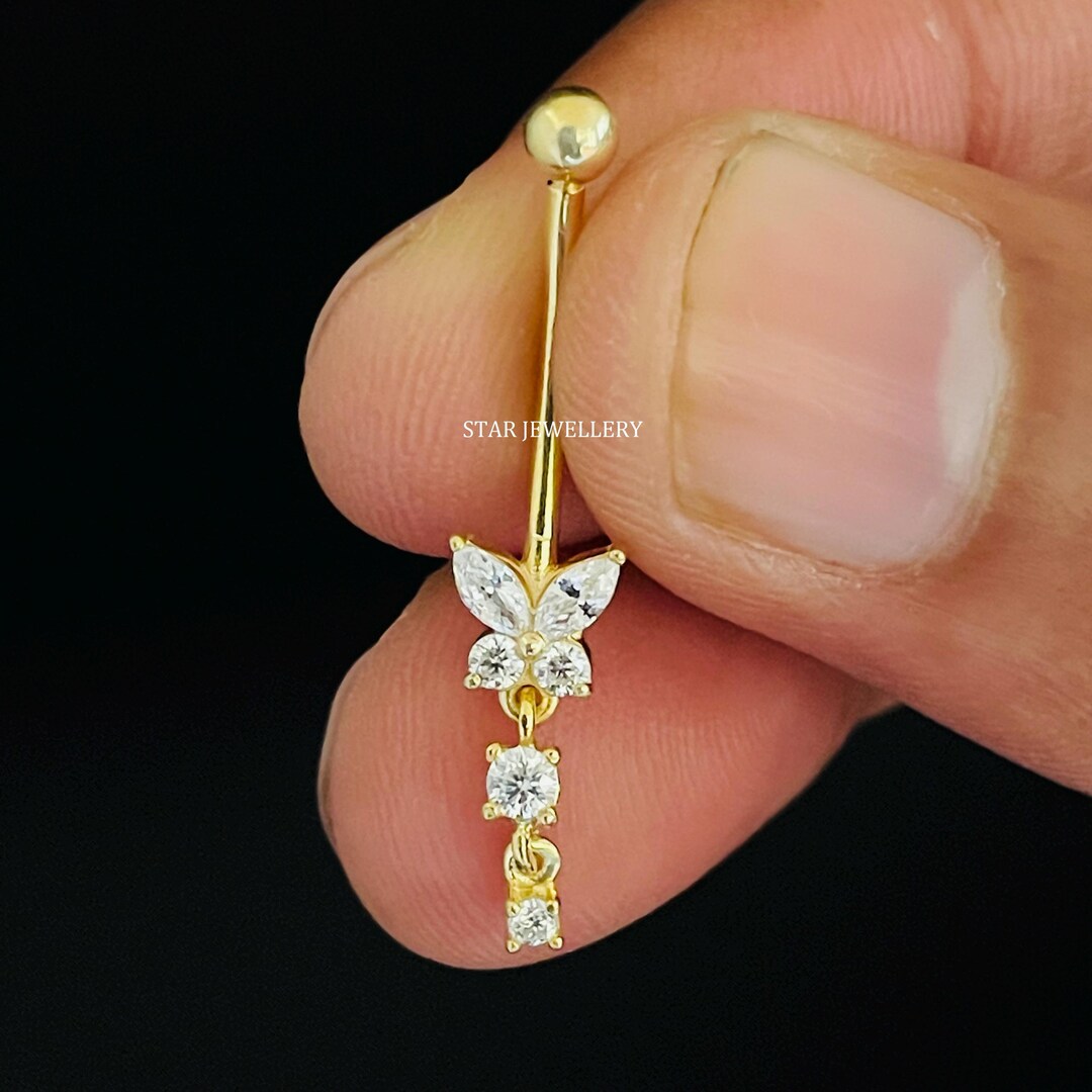 Dangled Butterfly Lab Grown Diamond Belly Piercing, Gold Butterfly Belly Button Piercing ...