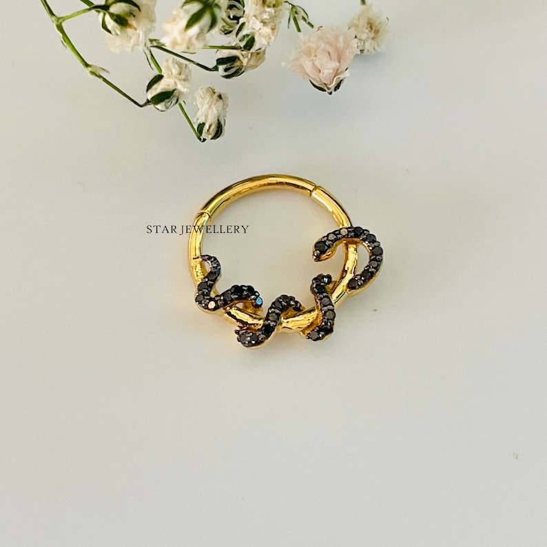 14K Gold Black Diamond Snake Septum Ring: Daith Piercing - Etsy