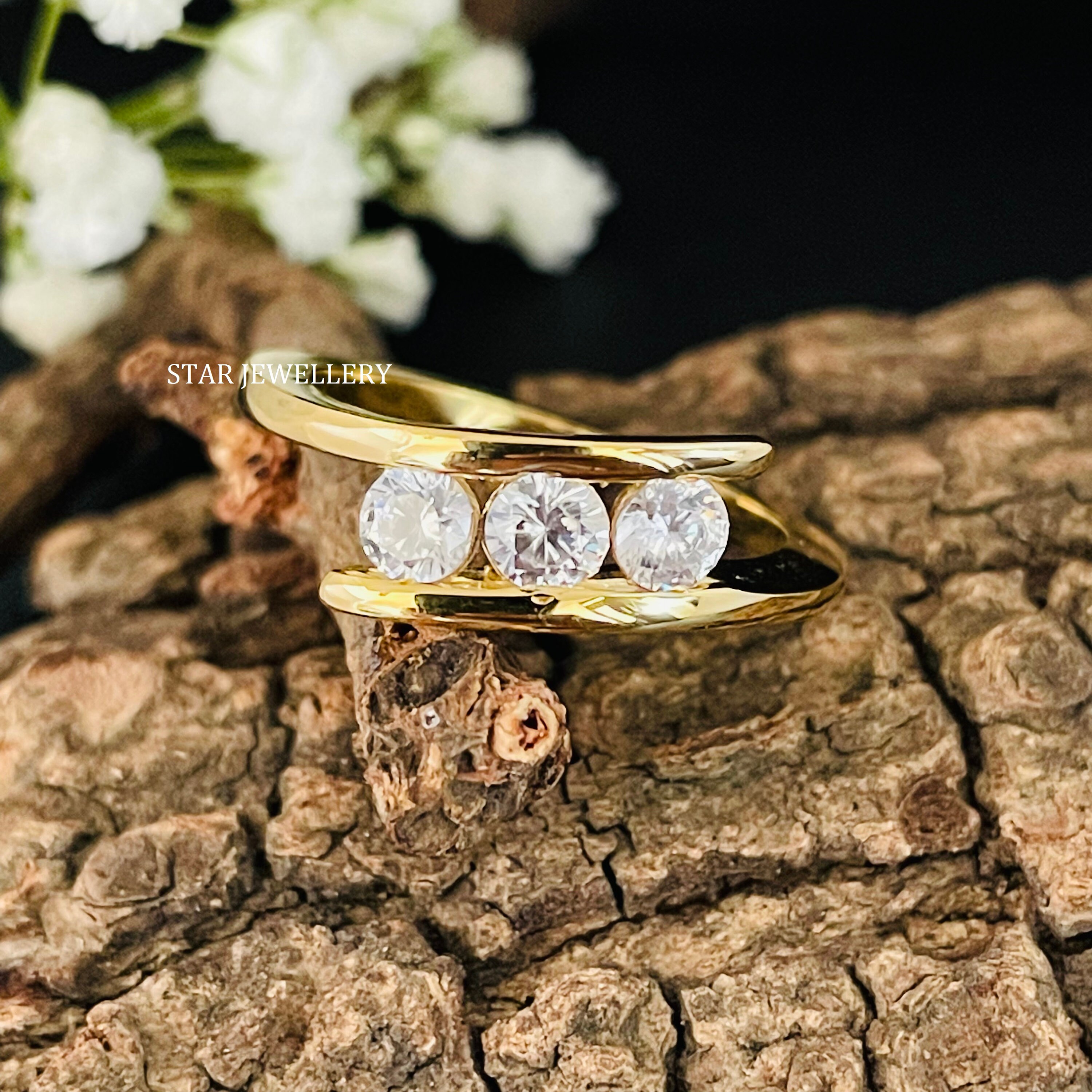 14K Solid Gold Bar Set Three Stone Moissanite Engagement Ring - Etsy