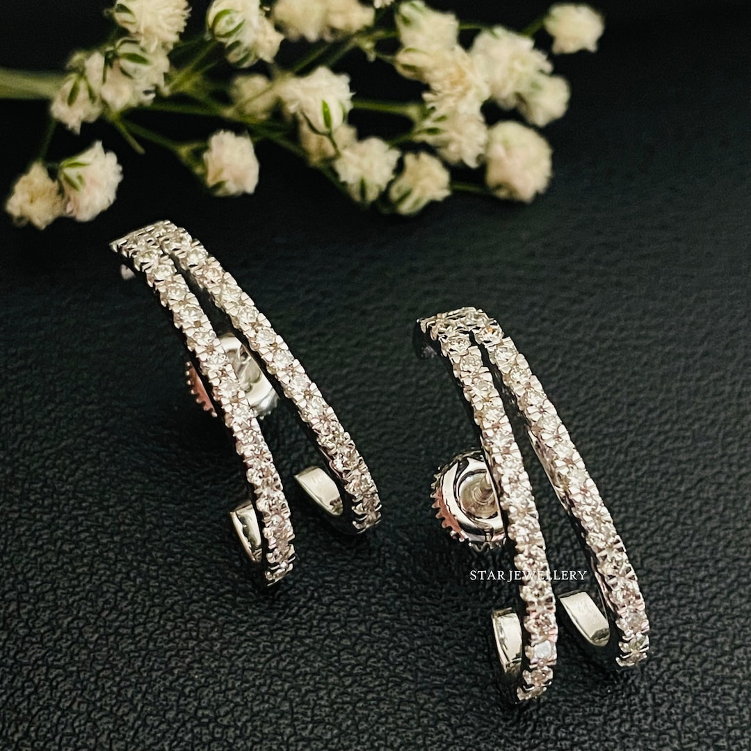 Diamond Half Hoop Earring, Twin Diamond Huggies, Ear Cuff Earrings in ...