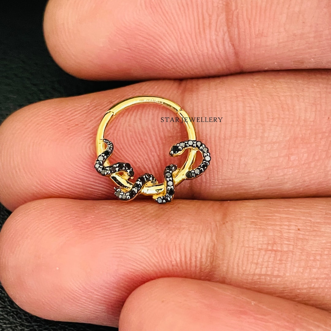 14K Gold Black Diamond Snake Septum Ring: Daith Piercing - Etsy