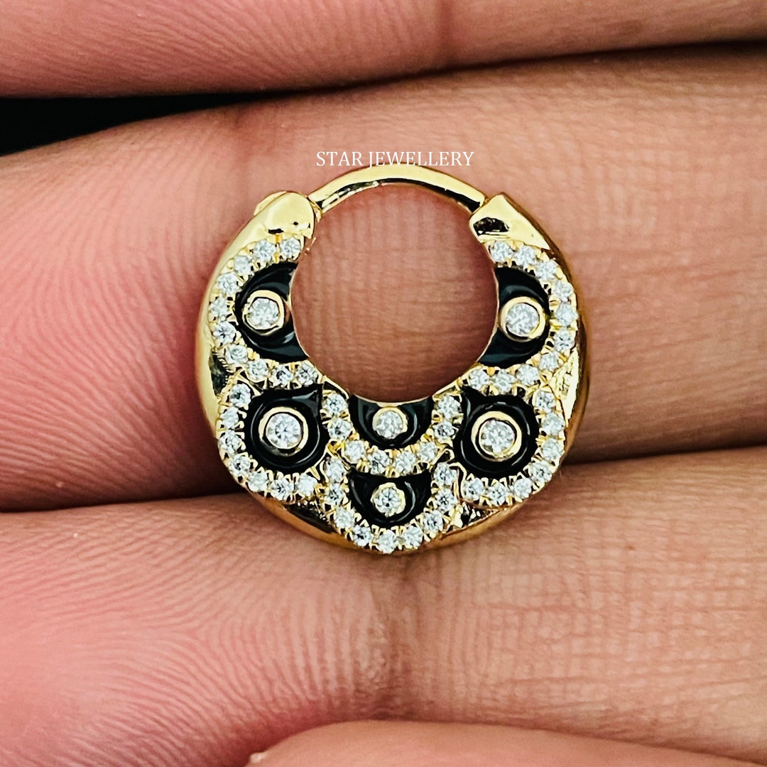 14K Gold Diamond Septum Clicker: Black Enamel Crescent Piercing - Etsy