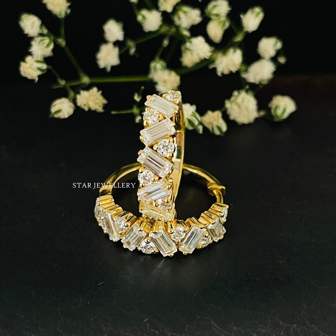 Mixed Diamond Hoop Earring, Baguette Diamond Hoop Earring, Bridesmaid ...