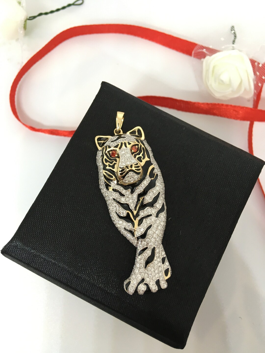 14K Gold Diamond Tiger Pendant: Lab Grown & Natural Diamond Animal ...