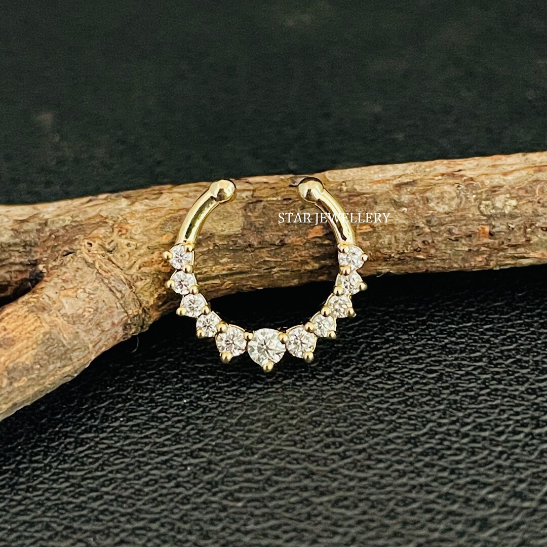 14K Gold Fake Diamond Daith Piercing: Unisex Clicker Nose Ring - Etsy