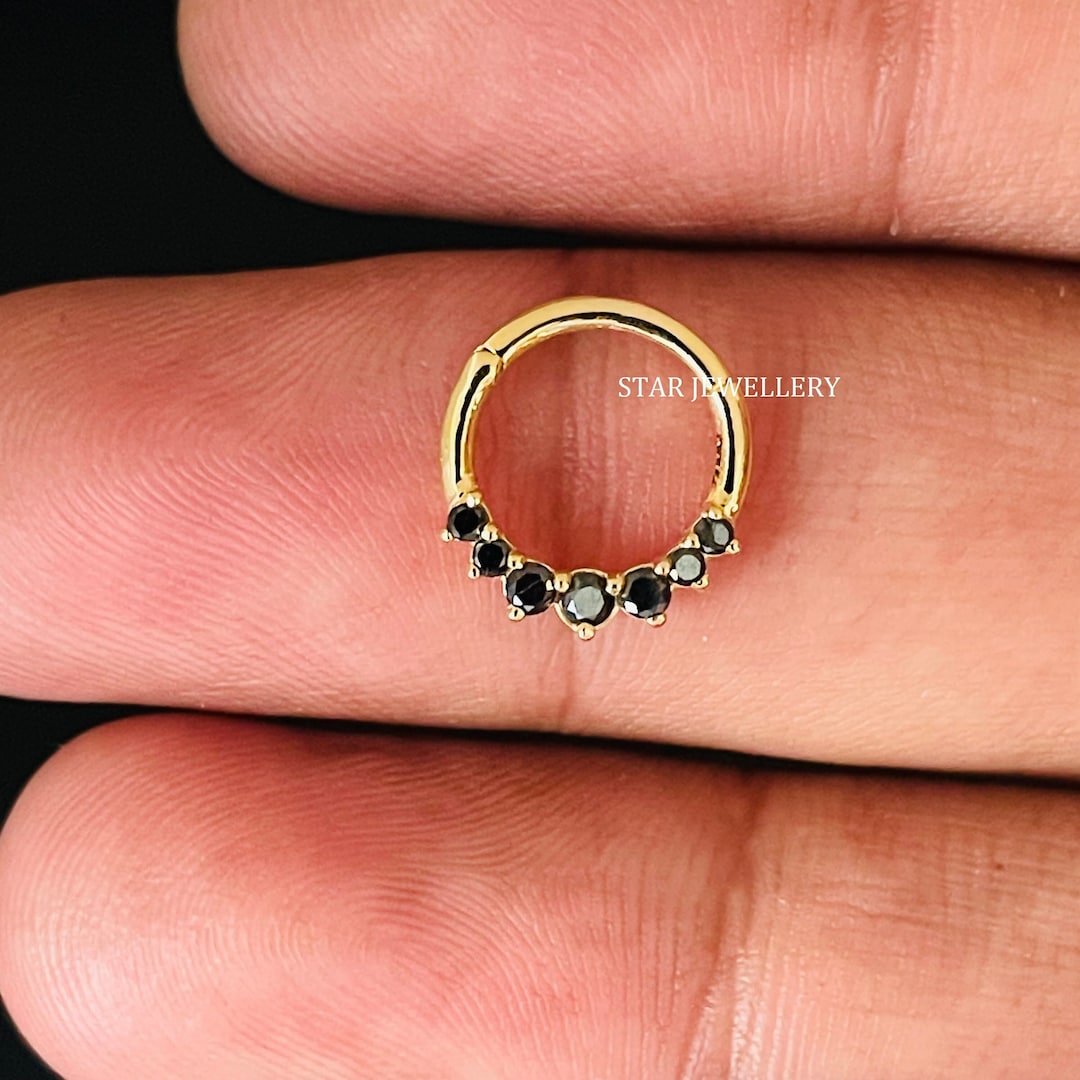 14K Gold Black Diamond Daith Earring: Septum Clicker, Helix Piercing - Etsy