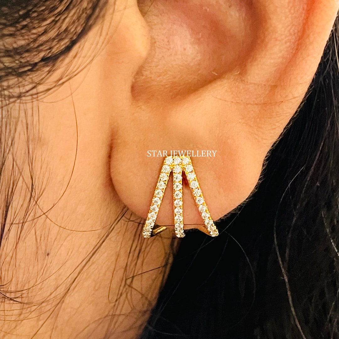 14K Gold Twin Diamond Ear Cuff: Half Hoop Huggies - Etsy