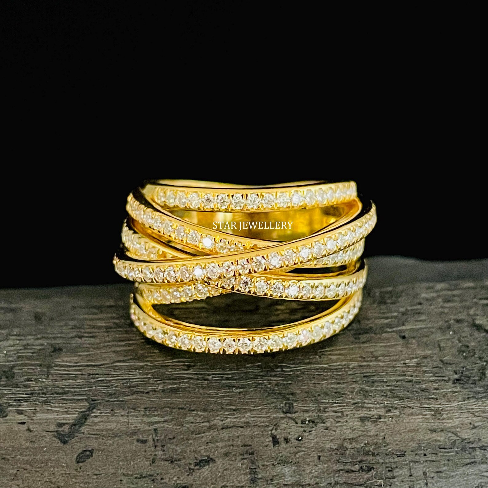 14K Gold Twisted Diamond Ring: Crossover Wedding Band - Etsy