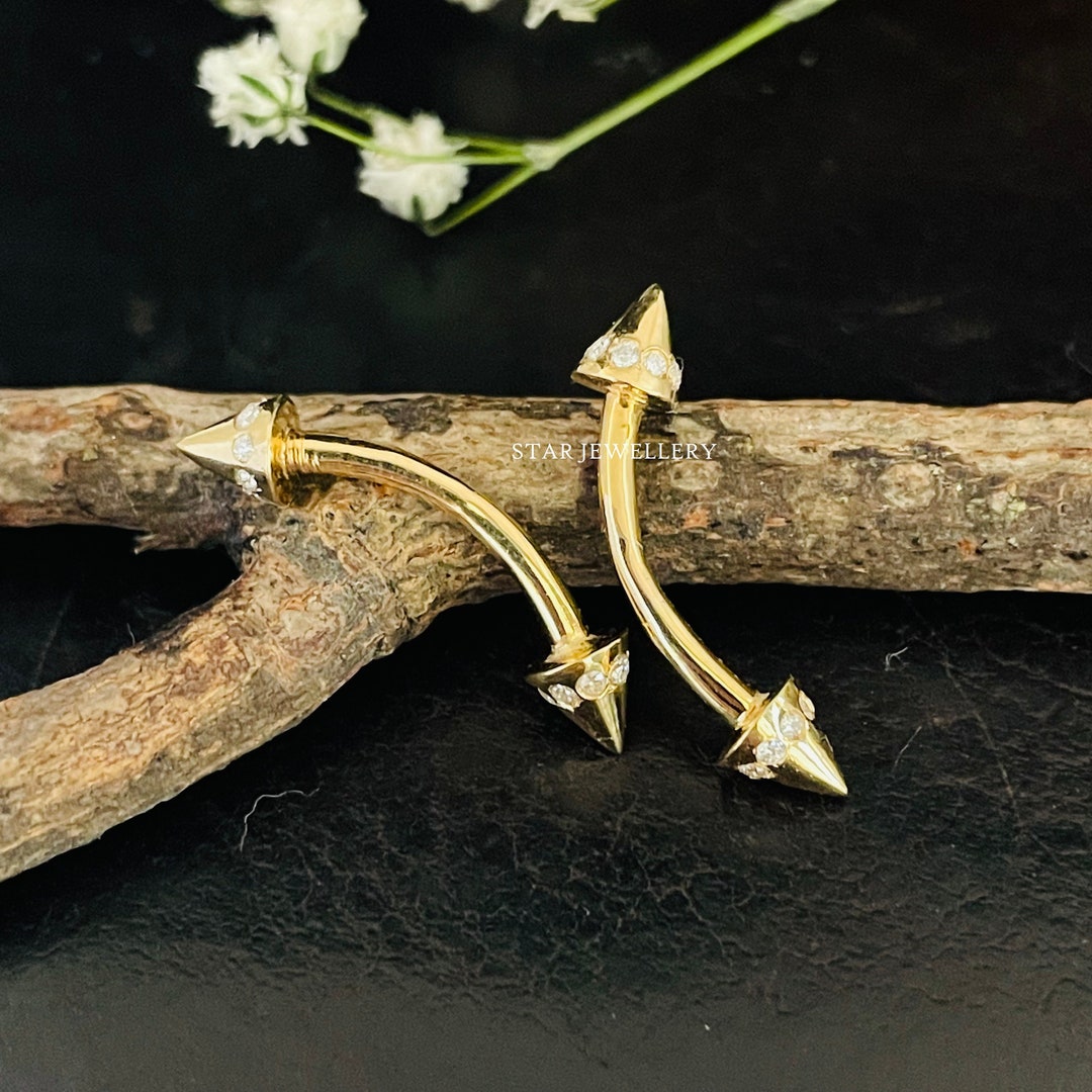 14K Gold Diamond Spike Barbell Piercing: Daith, Eyebrow - Etsy