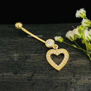 Gold Heart Belly Button Piercing, Natural Diamond Dangled Heart Belly ...