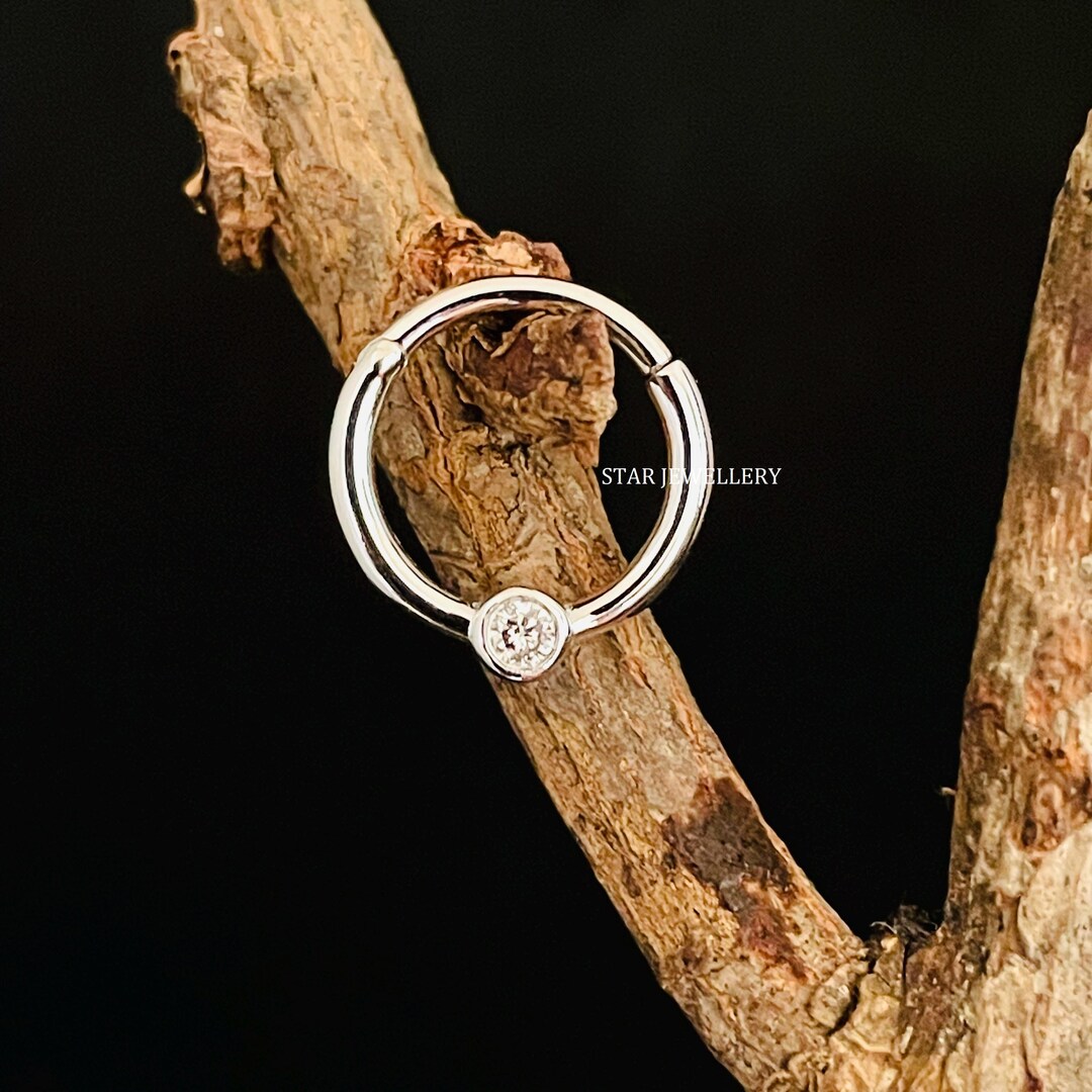 Bezel Set Natural Diamond Daith Piercing, 14K Solid Gold Septum Nose ...