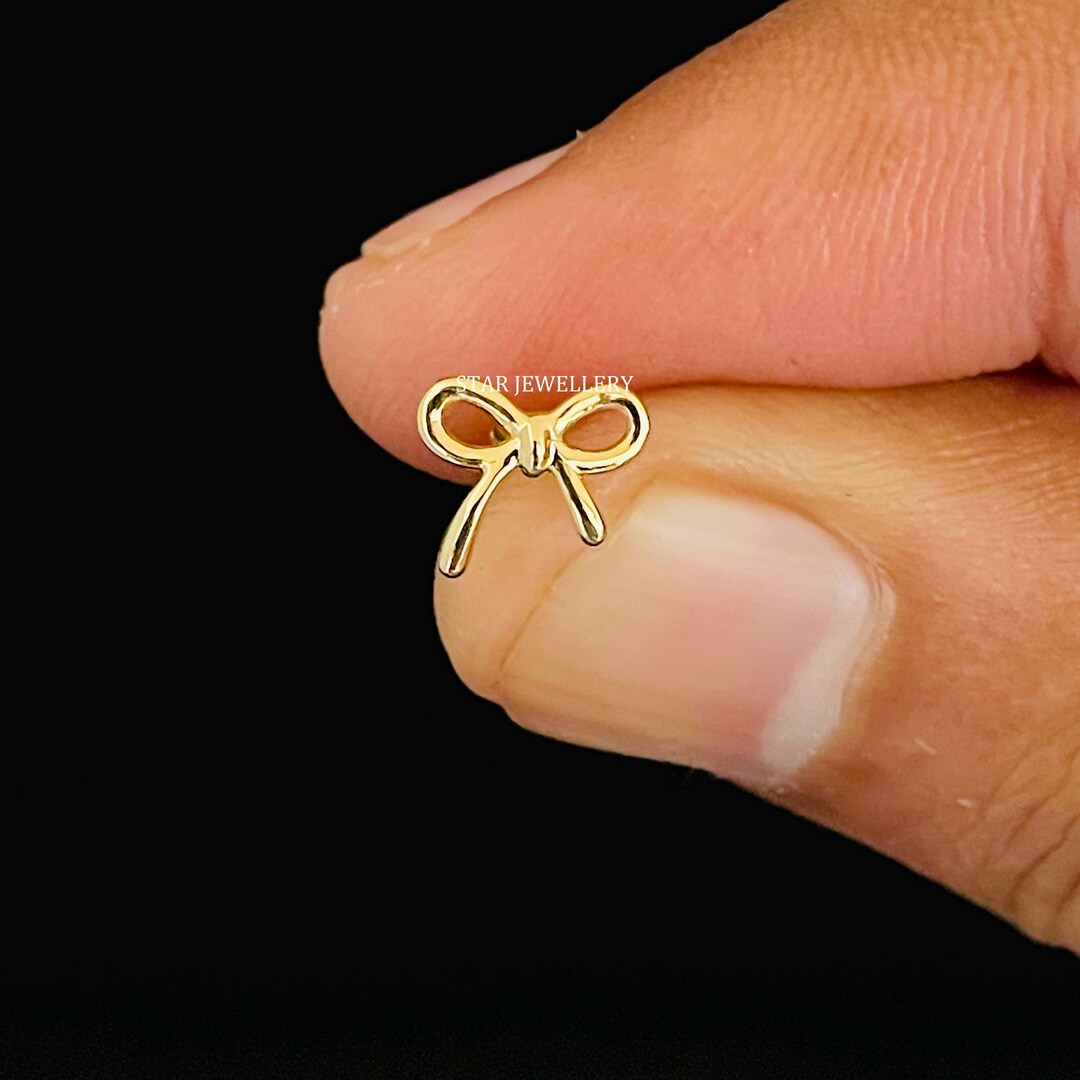 14K Solid Gold Tiny Bow Flatback Piercing: Tragus, Helix - Etsy
