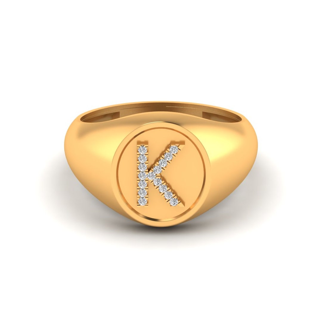 Diamond Initial Signet Ring, Unisex Diamond Signet Ring, 14K Solid Gold ...