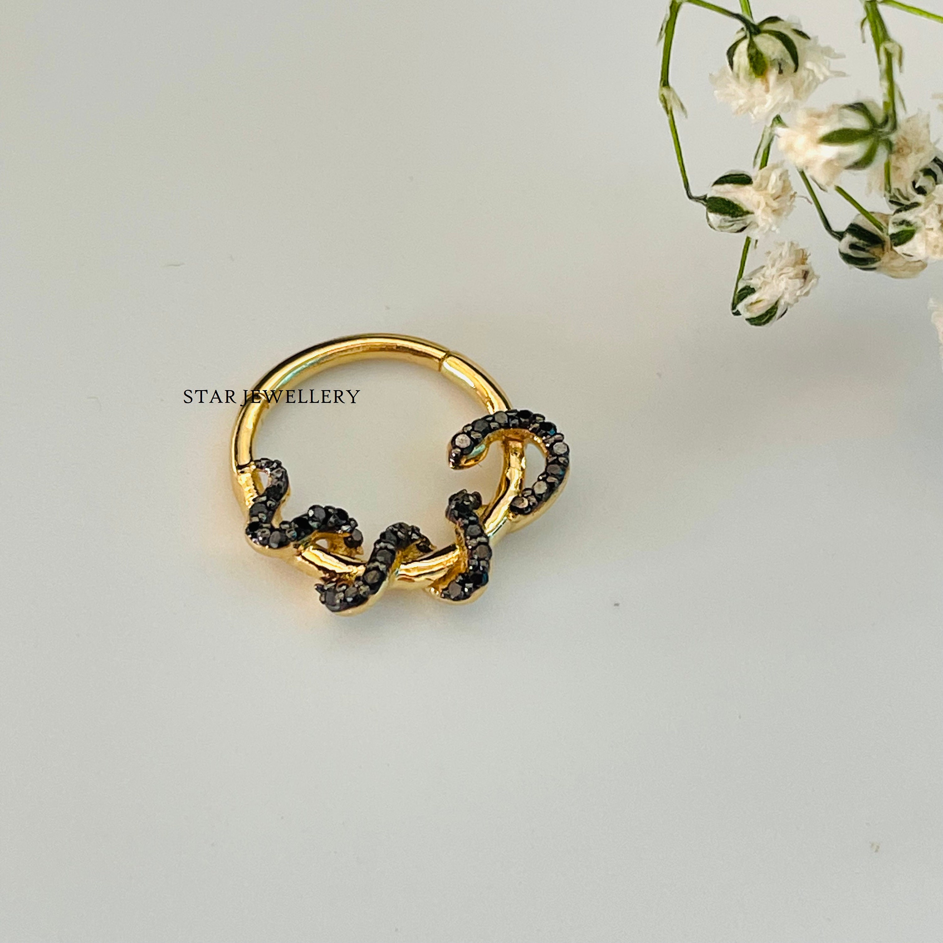 14K Gold Black Diamond Snake Septum Ring: Daith Piercing - Etsy