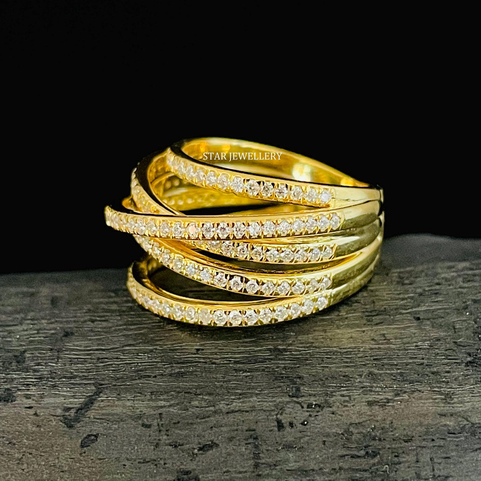 14K Gold Twisted Diamond Ring: Crossover Wedding Band - Etsy