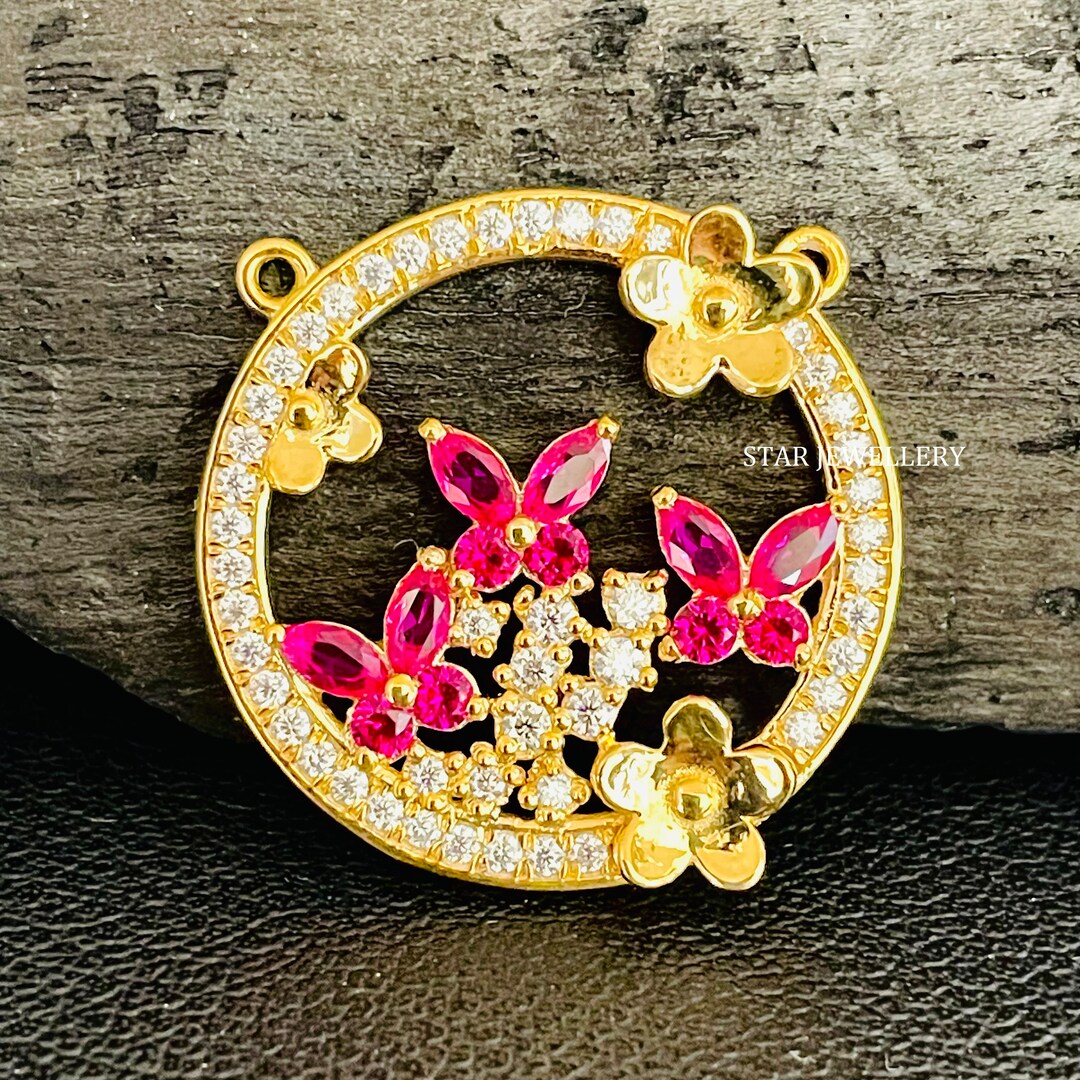 14K Gold Ruby Butterfly Diamond Circle Pendant Necklace - Etsy