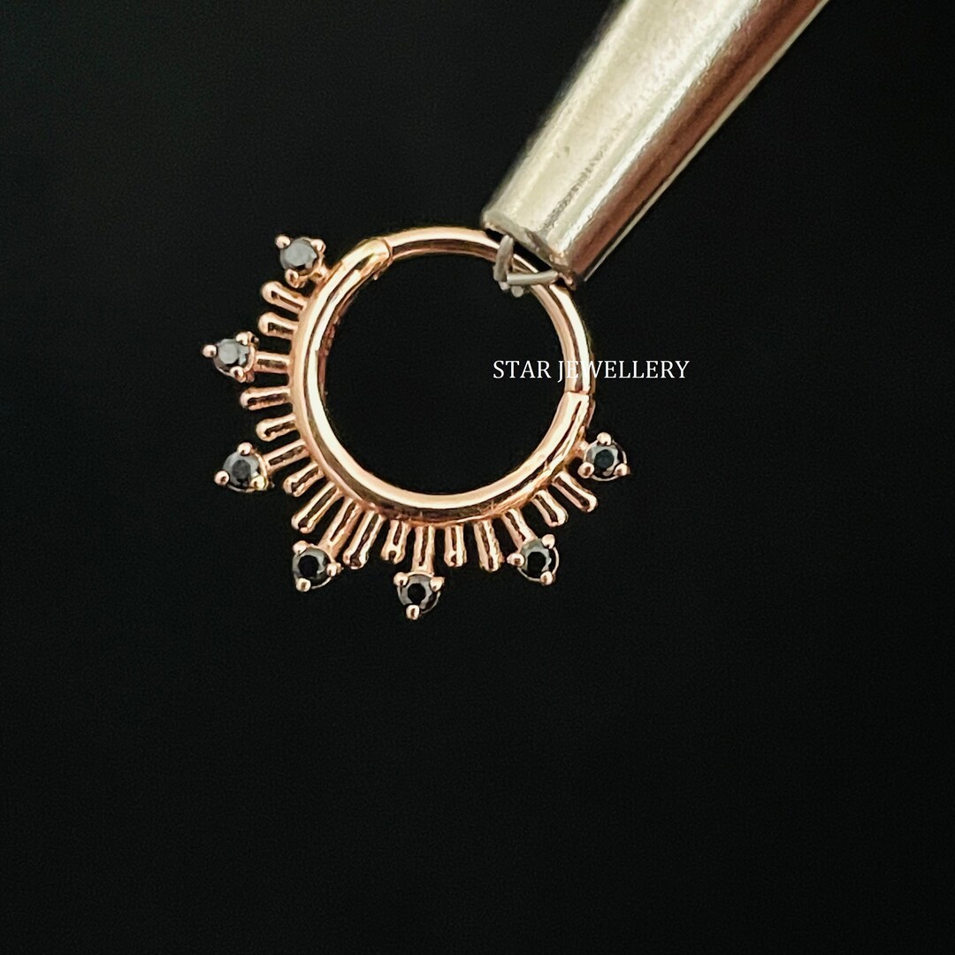 Natural Black Diamond Daith Piercing Clicker Daith Piercing Septum Nose Ring In 14k Solid Gold