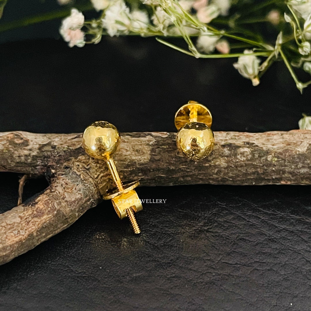 14K Solid Gold Bead Earring, Solid Gold Sphere Earring, 5 MM Gold Bead ...