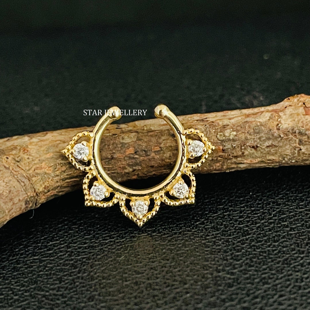 14K Gold Diamond Fake Septum Ring: Clicker Daith Piercing - Etsy