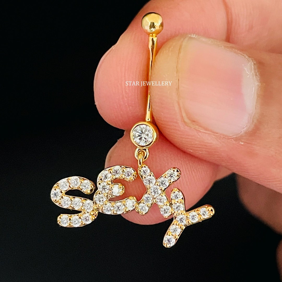SEXY Letter Gold Belly Button Piercing, Natural Diamond Dangled SEXY ...