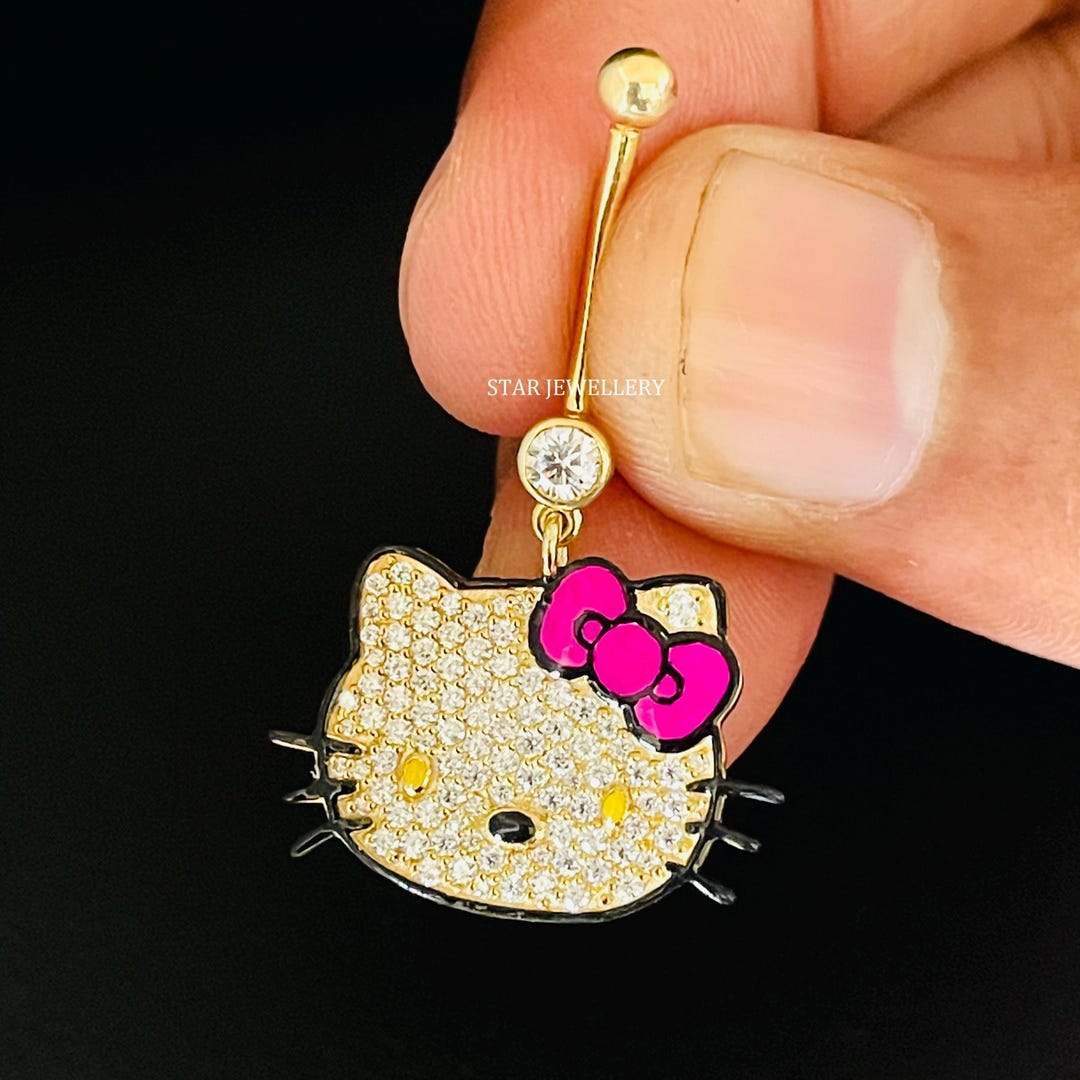 Kitty Gold Belly Button Piercing, Natural Diamond Dangled Kitty Barbell ...