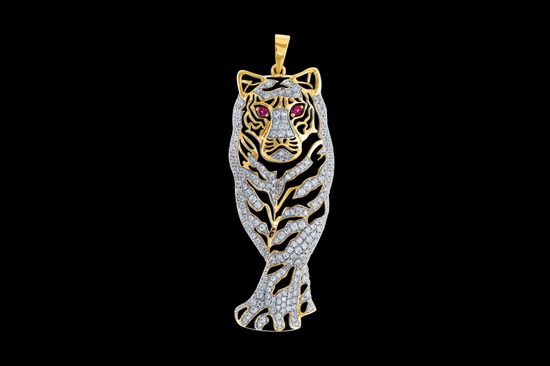 14K Gold Diamond Tiger Pendant: Lab Grown & Natural Diamond Animal ...