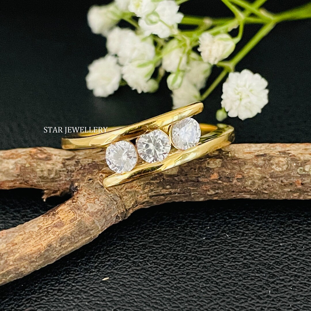 14K Solid Gold Bar Set Three Stone Moissanite Engagement Ring, Three ...