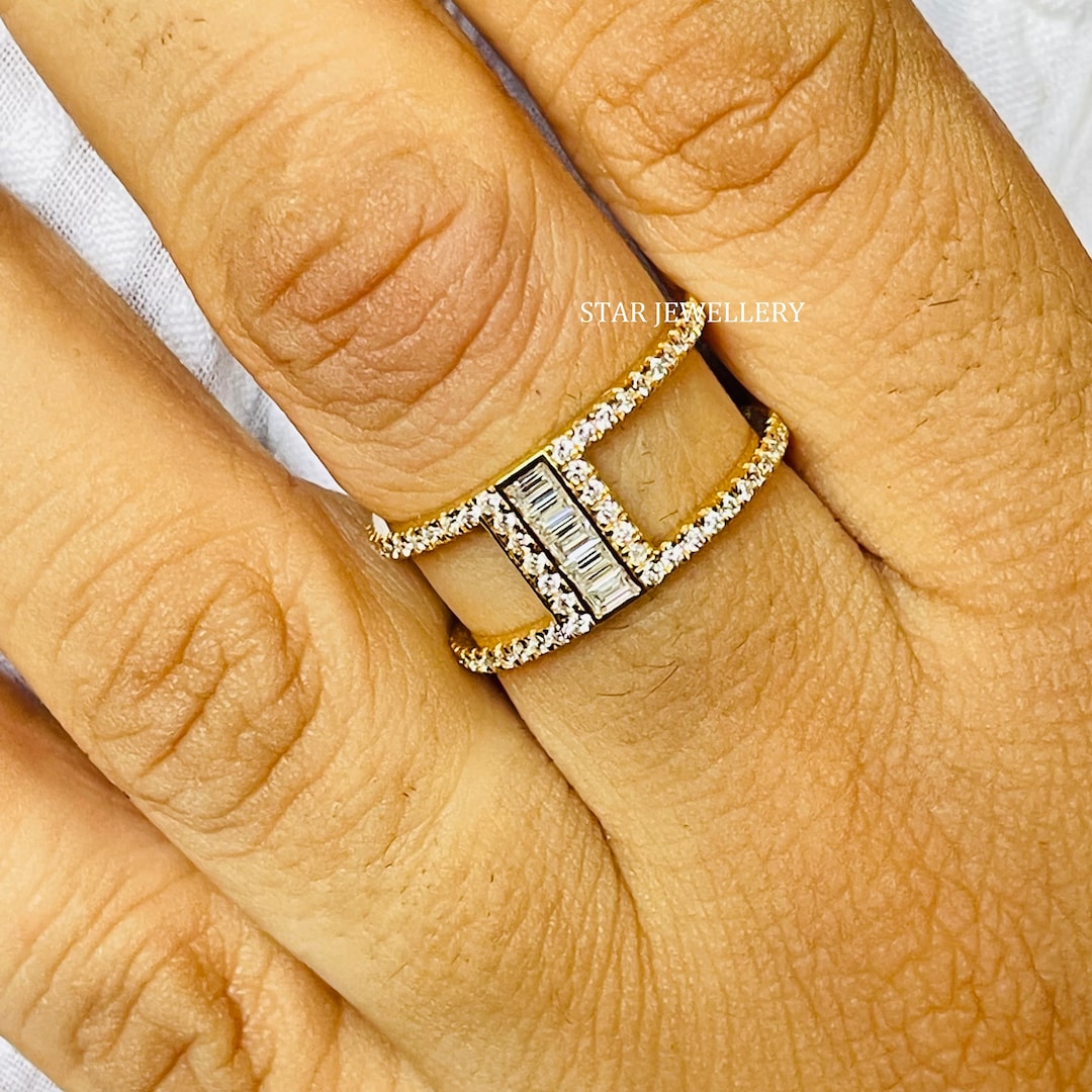 Baguette Diamond Dual Band Ring: 14K Gold Micro Pave Stacking Ring - Etsy