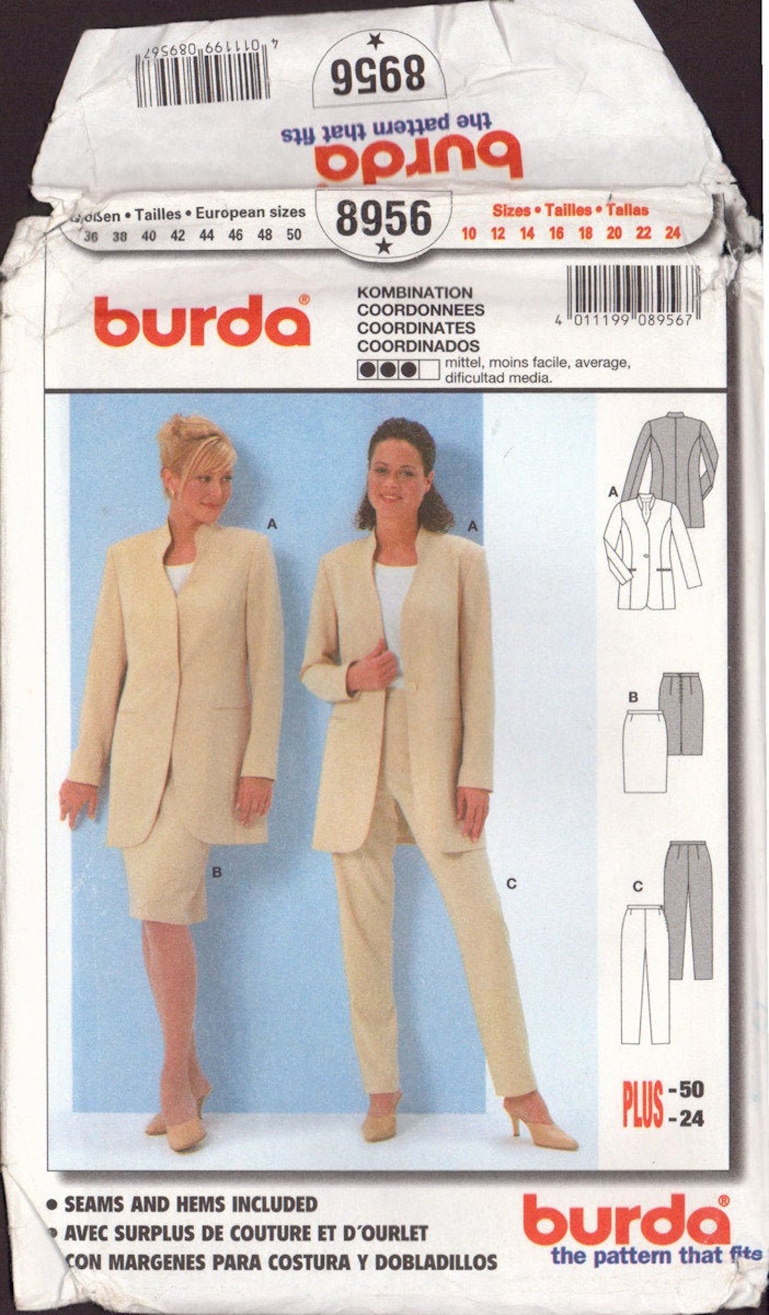 Burda 8956 Sewing Pattern Jacket Skirt Pants Size 10-24 - Etsy