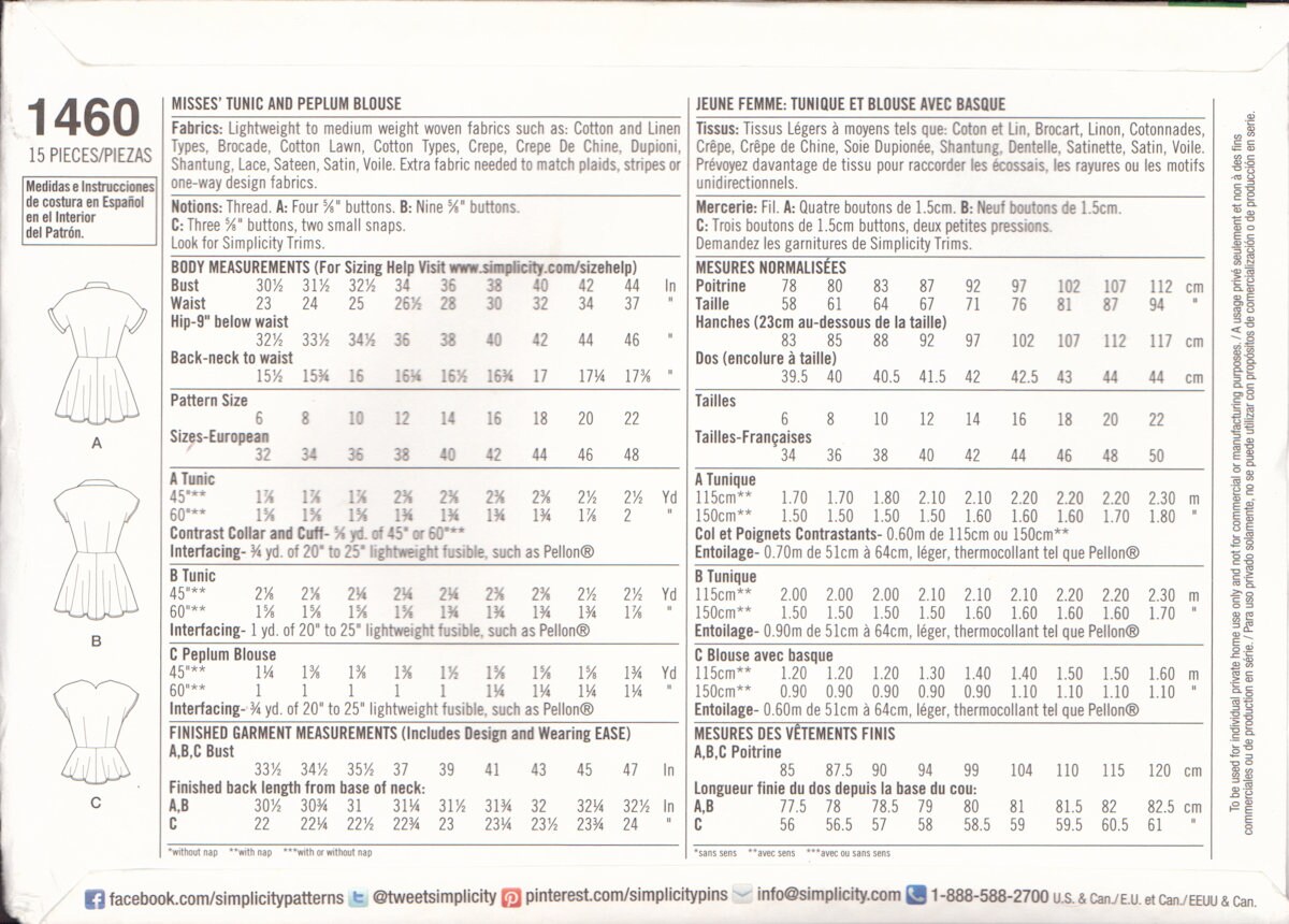 Simplicity 1460 Sewing Pattern Tunic and Peplum Blouse Size - Etsy
