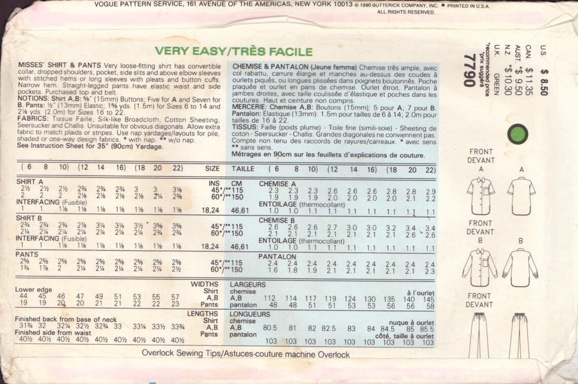 Vogue 7790 Sewing Pattern Women's Shirts and Pants Size | Etsy