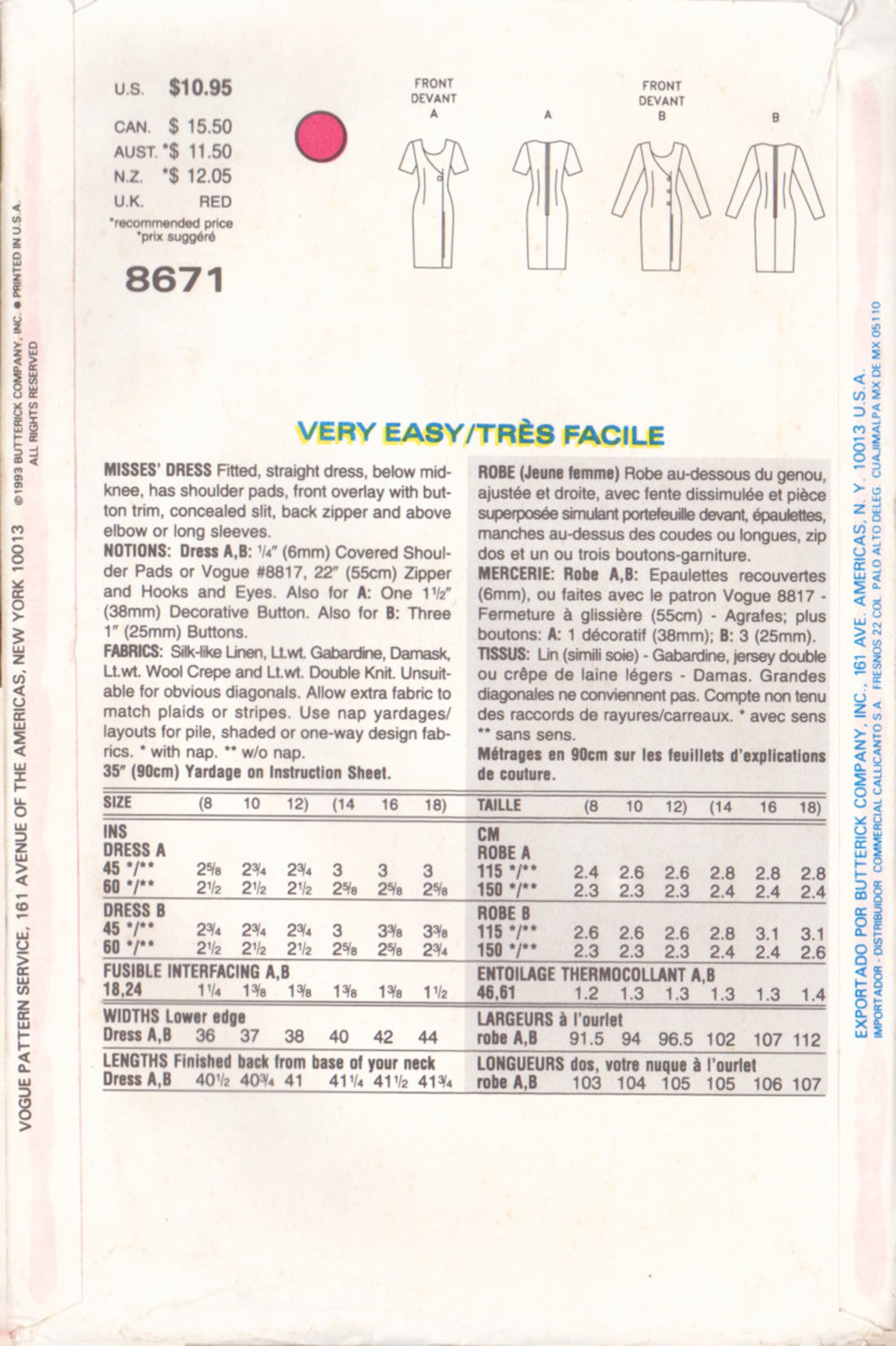 Vogue 8671 Sewing Pattern Dress Size 8-10 Cut Complete - Etsy