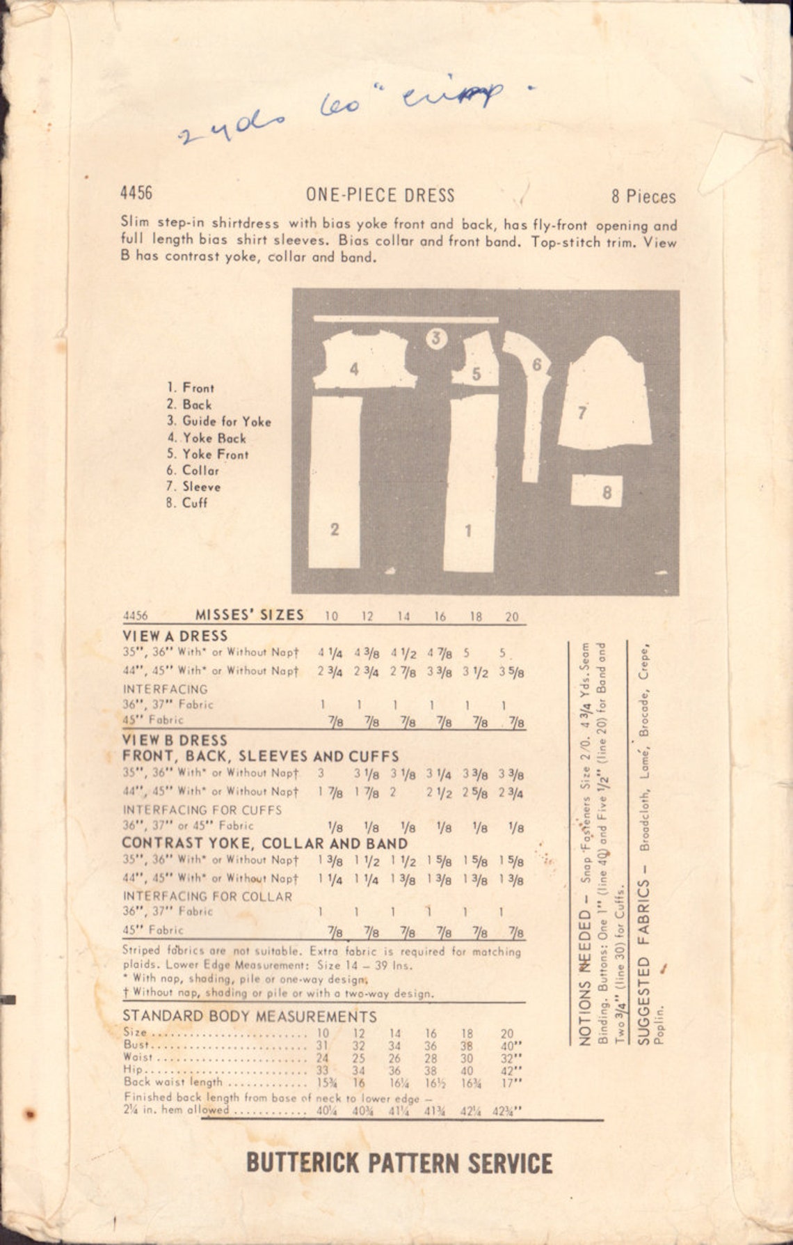 Butterick 4456 Sewing Pattern One-piece Dress Size 16 Cut - Etsy