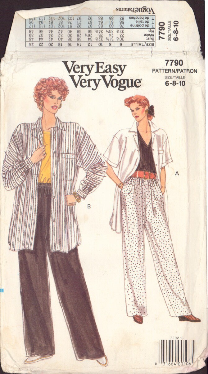 Vogue 7790 Sewing Pattern Women's Shirts and Pants Size - Etsy