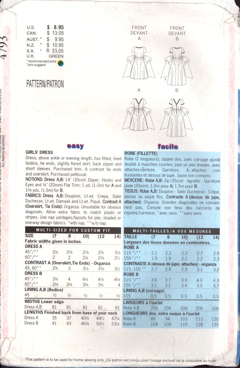 Butterick 4793 Sewing Pattern Girls' Dress Size 12-14 - Etsy