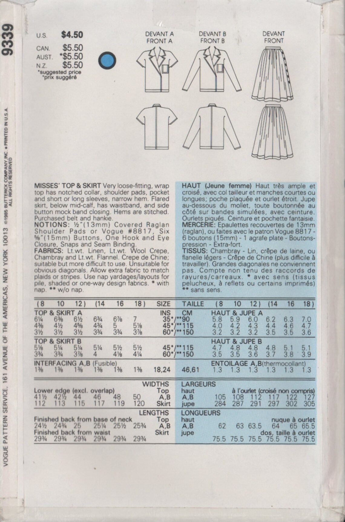 Vogue 9339 Sewing Pattern Skirt and Top Size 8-10-12 Uncut - Etsy